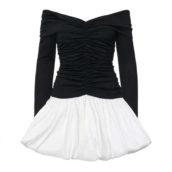 LITA COUTURE Black / White Off-the-shoulder Ruched Bubble Mini Dress In Black-white - Black/white