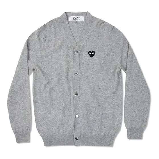 Play Comme Des Garcon V-neck Cardigan With Black Heart Applique - Grey