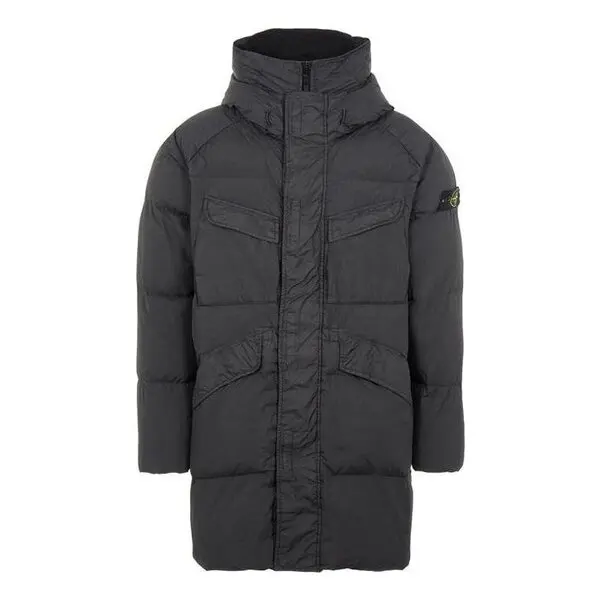 Stone Island Crinkle Reps Long Down Coat - Black