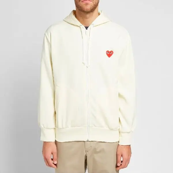 Play Comme Des Garcon Zip Hoodie With Red Heart Emblem - Ivory