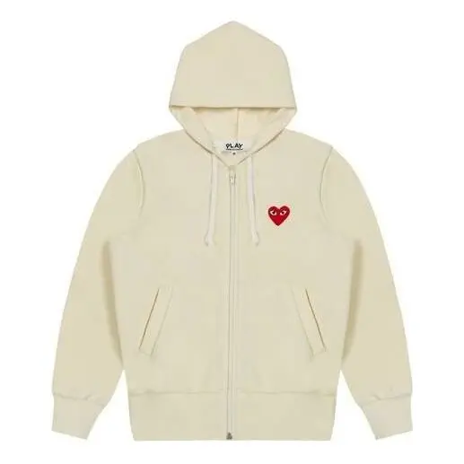 Play Comme Des Garcon Zip Hoodie With Red Heart Emblem - Ivory