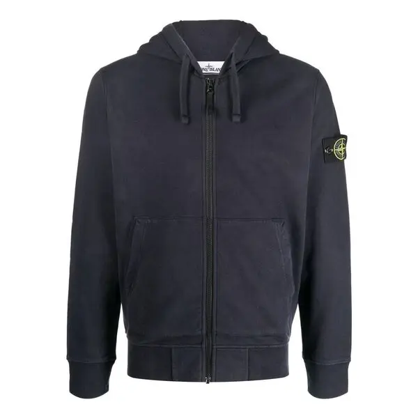 Stone Island Brushed Cotton Full Zip Hoodie - Navy