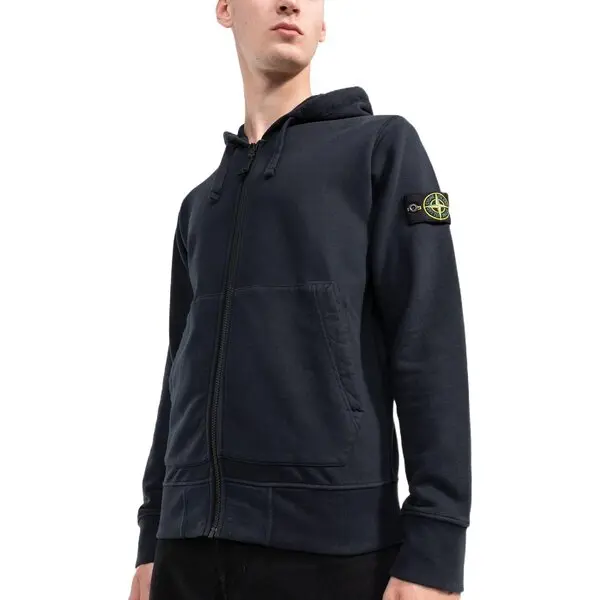 Stone Island Brushed Cotton Full Zip Hoodie - Navy