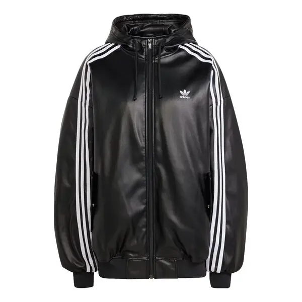 Adidas Oversized Faux Leather Jacket With Drawstring Hood - Black/white