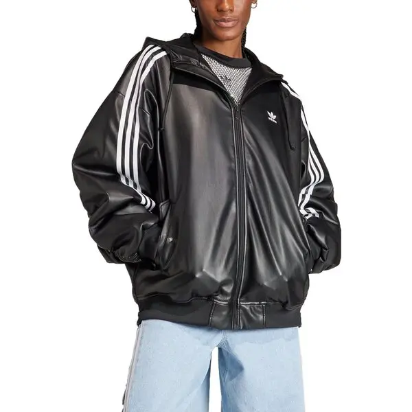 Adidas Oversized Faux Leather Jacket With Drawstring Hood
