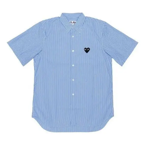 Play Comme Des Garcon Striped Short Sleeve Shirt With Emblem - Blue