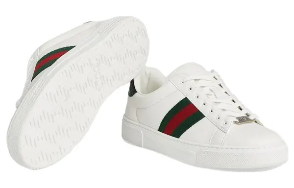 Gucci Ace Leather Sneakers With Green And Red Stripe Detail - White/green/red
