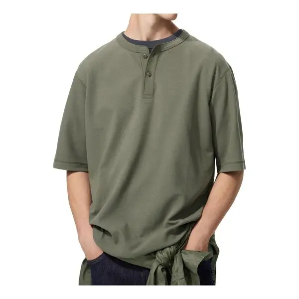Uniqlo Dry Waffle Henley Neck T-shirt Short Sleeve - Olive