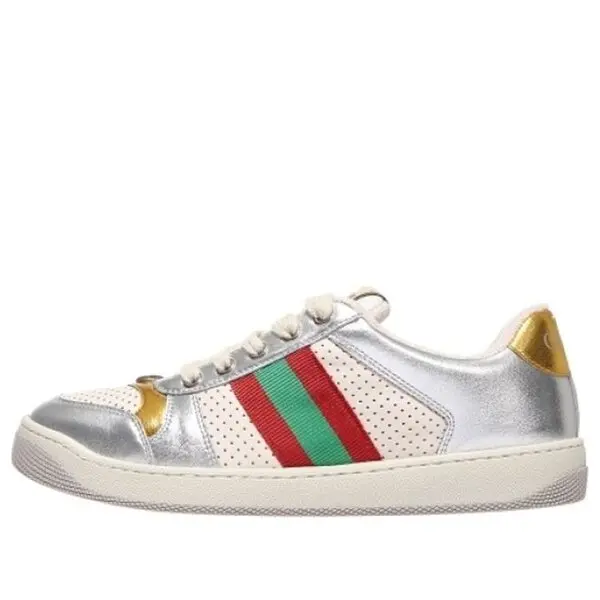 Gucci Screener Metallic Calfskin Web Sneakers - Silver/gold