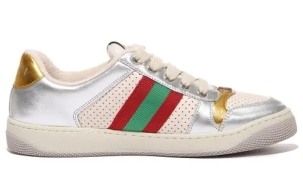 Gucci Screener Metallic Calfskin Web Sneakers - Silver/gold