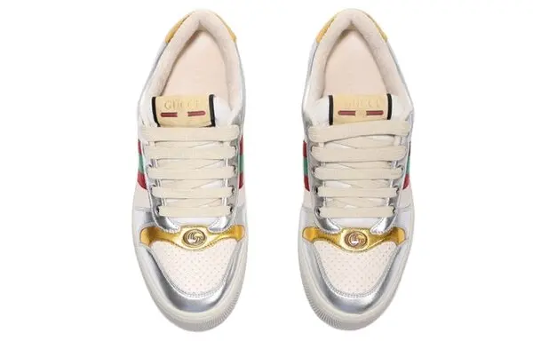 Gucci Screener Metallic Calfskin Web Sneakers - Silver/gold