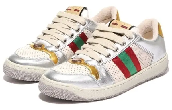 Gucci Screener Metallic Calfskin Web Sneakers - Silver/gold