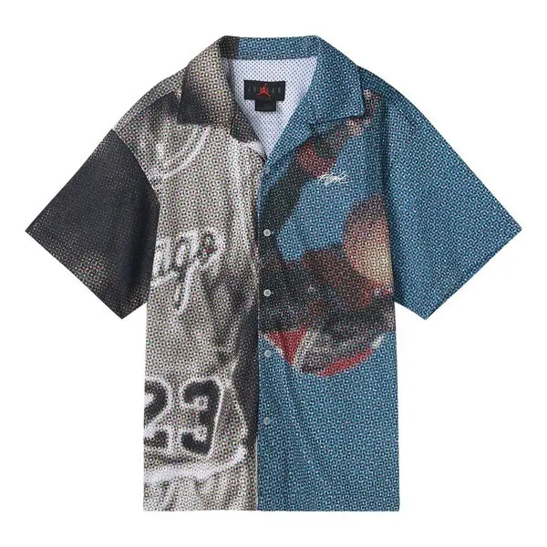 JORDAN Printing Colorblock Wide Version Embroidered Lapel Short Sleeve Shirt Black - Default Color