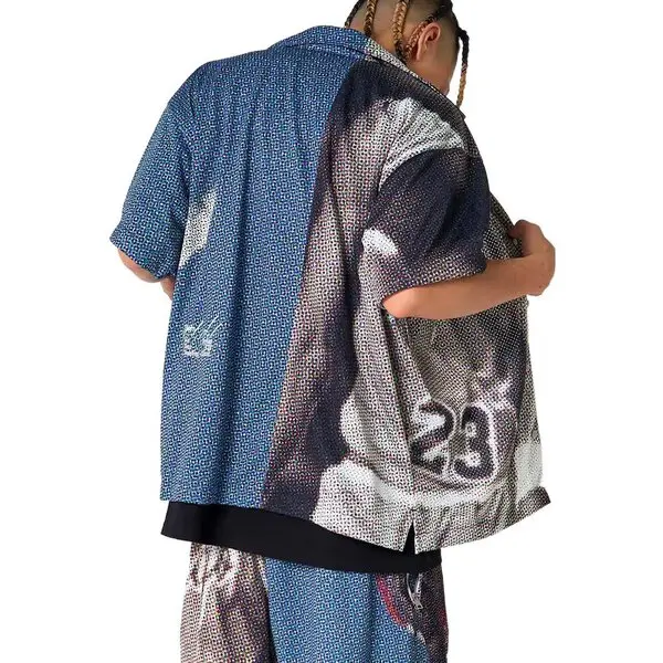 JORDAN Printing Colorblock Wide Version Embroidered Lapel Short Sleeve Shirt Black