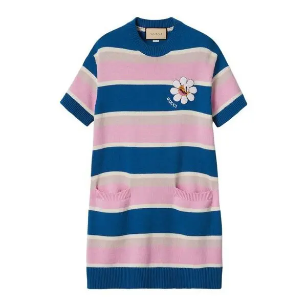 Gucci Striped Cotton Wool Dress With Floral Appliqu - Multi-color