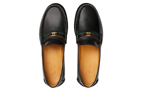Gucci Black Leather Loafer With Interlocking G And Web Detail