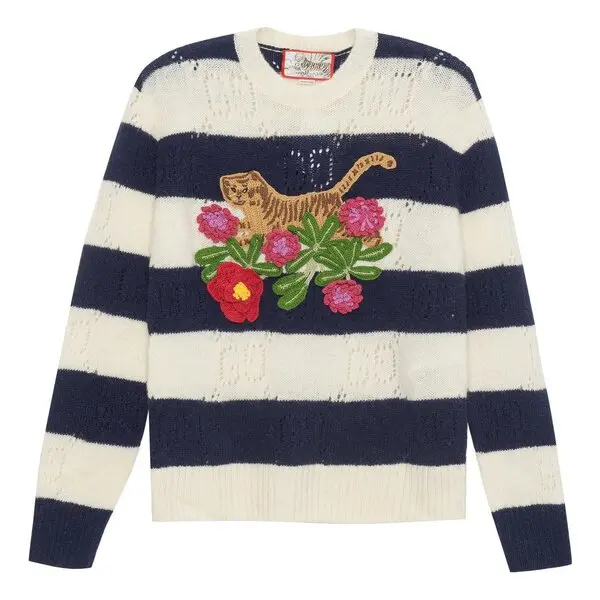 Gucci Embroidered Tiger And Floral Wool Sweater - Ivory/navy