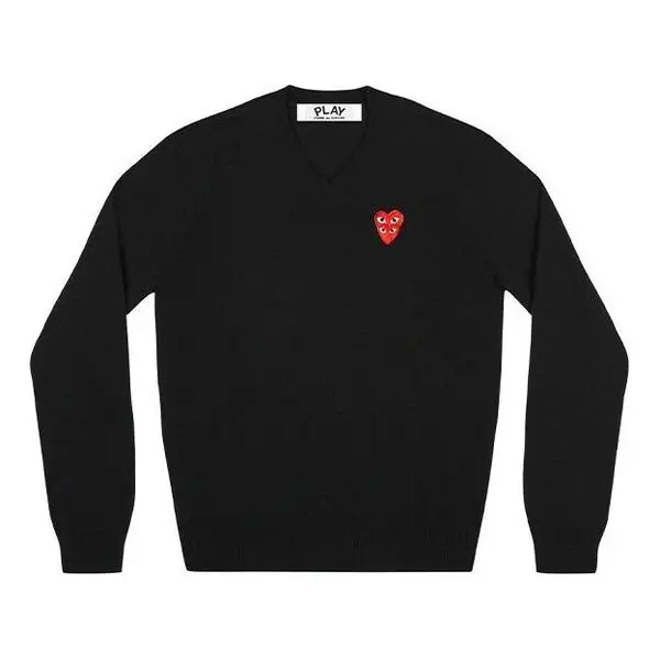 Play Comme Des Garcon V-neck Pullover With Red Emblem - Black