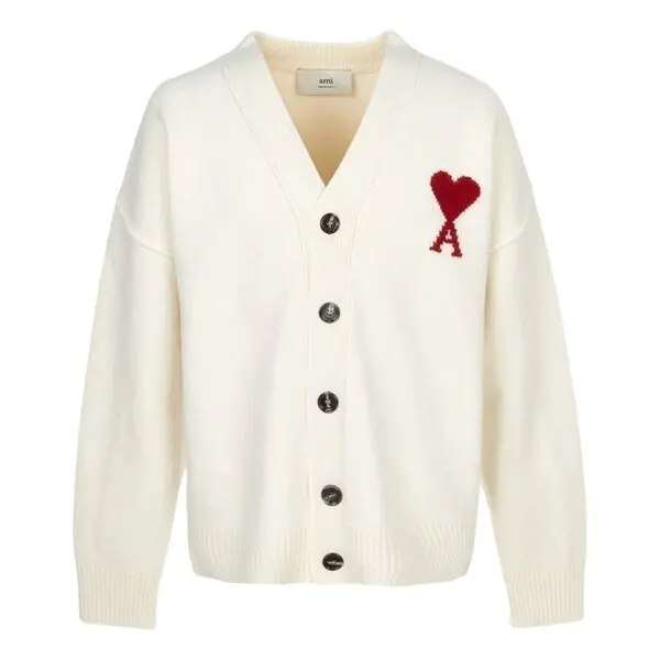 AMI Paris Merino Wool Cardigan With Heart Logo - Ivory/red