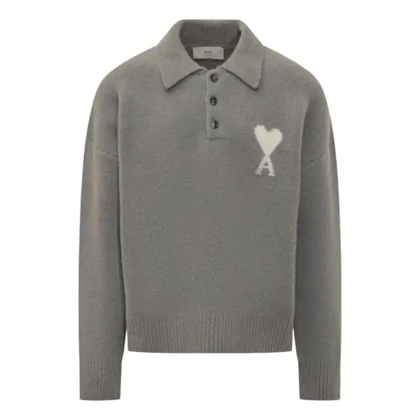 AMI Paris Big Heart Logo Polo Sweater - Gray