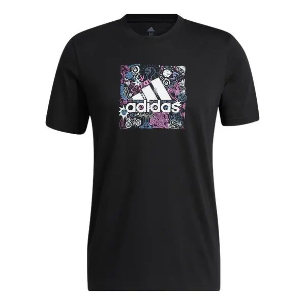Adidas Cartoon Graffiti Alphabet Logo Pattern Printing Round Neck Short Sleeve Black T-shirt - Default Color