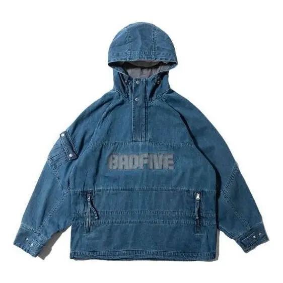 LI-NING Badfive Logo Half Zip Denim Hooded Jacket - Indigo
