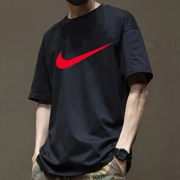 Nike Solid Color Large Logo Printing Round Neck Short Sleeve Black T-shirt - Multi-color