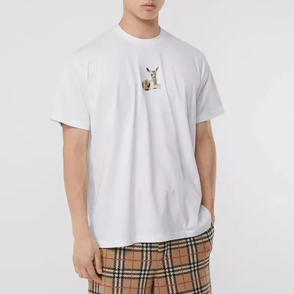Burberry Deer Print Cotton Oversized Deerlet Printing T-shirt - White