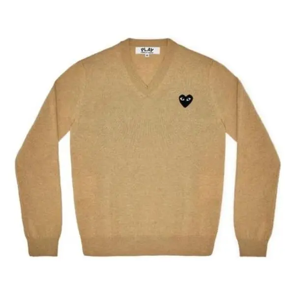 Play Comme Des Garcon V-neck Long Sleeve T-shirt With Emblem - Beige