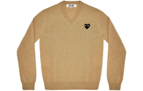 Play Comme Des Garcon V-neck Long Sleeve T-shirt With Emblem - Beige