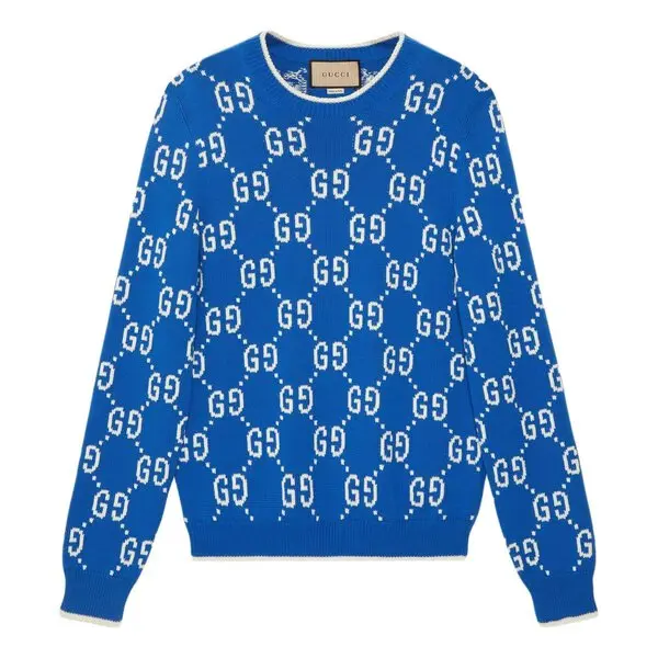 Gucci Jumbo Gg Jacquard Crew Neck Sweater - Blue/ivory