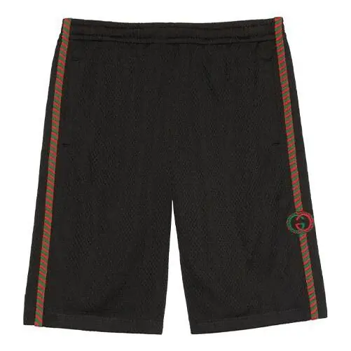 Gucci Side Mesh Shorts With Striped Trim And Logo Detail - Black