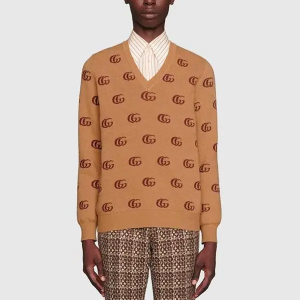 Gucci Double G Jacquard Wool V-neck Sweater