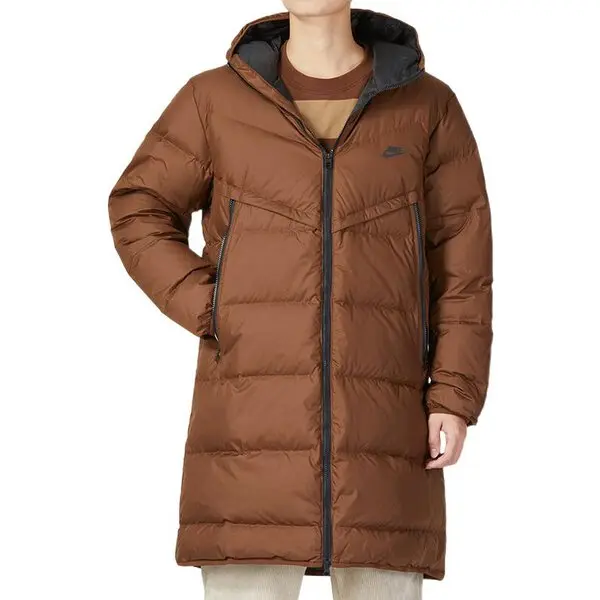 Nike Hooded Puffer Long Coat 'brown