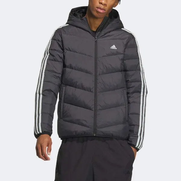 Adidas Neo Padded Down Jacket With Hood And Striped Sleeves - Black