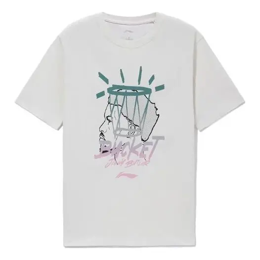 LI-NING Sports Basketball Series Basketball Portrait Printing Round Neck Short Sleeve - White