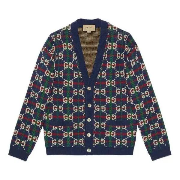 Gucci Gg Check Knit Wool Cardigan - Blue