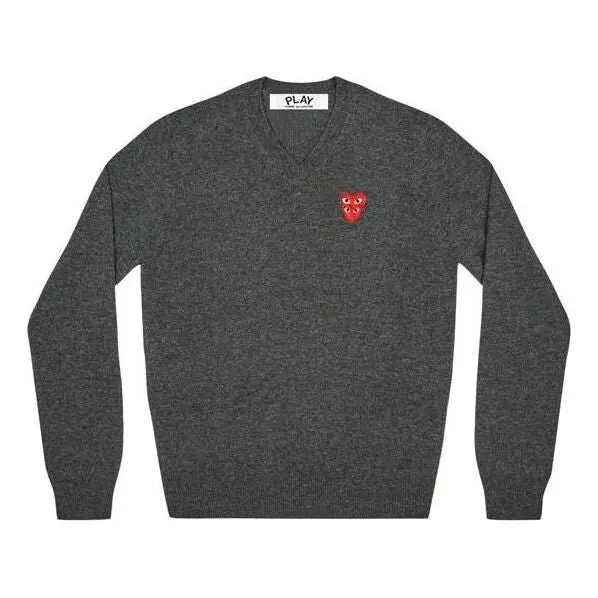 Play Comme Des Garcon V-neck Pullover With Red Emblem - Grey