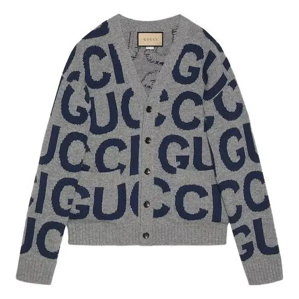 Gucci Wool Cardigan With All-over Gg Intarsia - Grey/blue