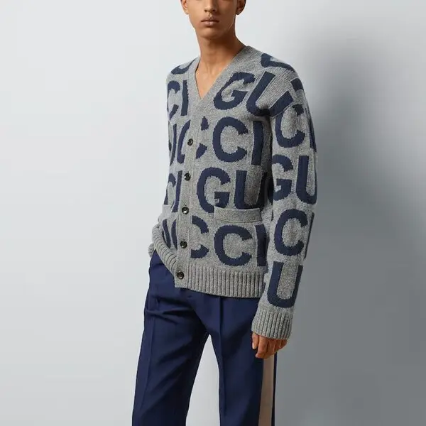 Gucci Wool Cardigan With All-over Gg Intarsia