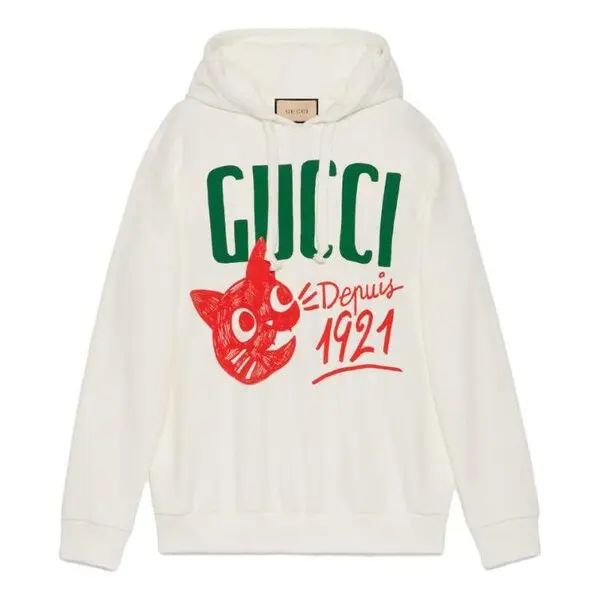 Gucci Cotton Jersey Hooded Sweatshirt With 'depuis 1921' Cat Print - White