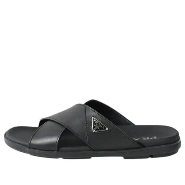 Prada Leather Criss-cross Slides - Black