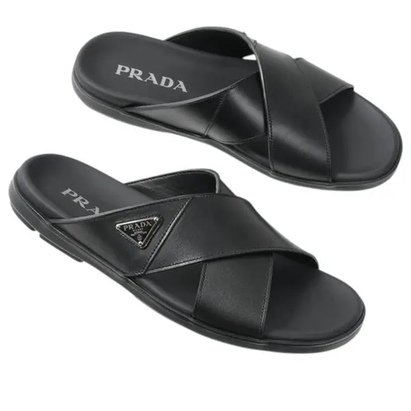 Prada Leather Criss-cross Slides - Black