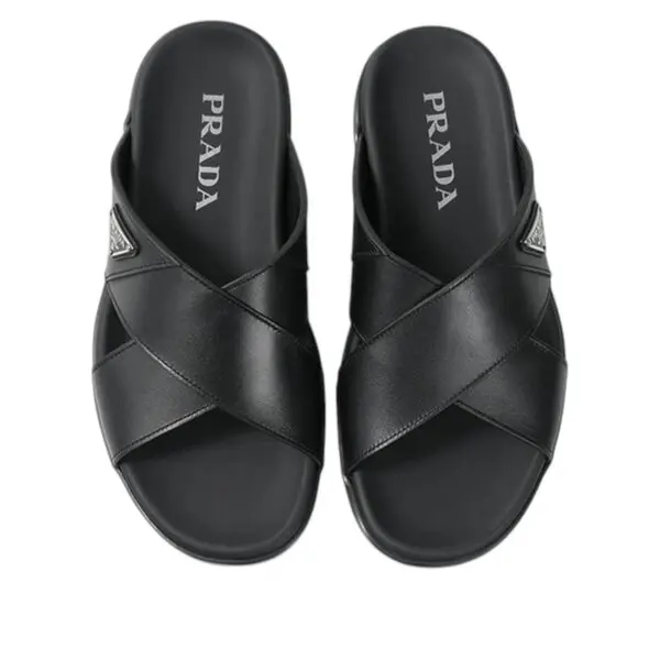 Prada Leather Criss-cross Slides - Black