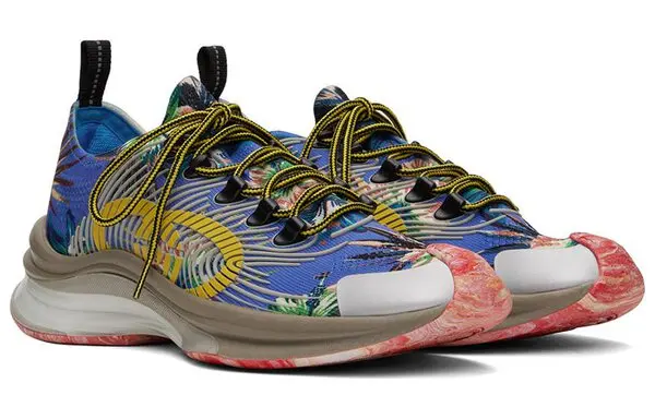 Gucci Run Sneakers With Floral And Marble Detailing - Blue/yellow/cloud White