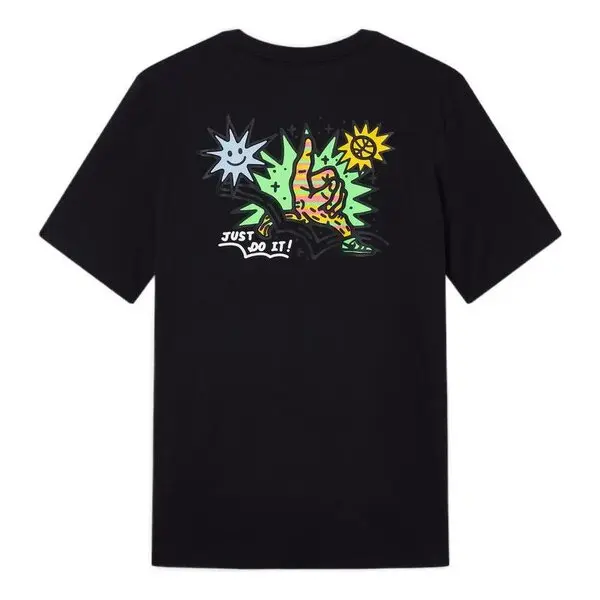 Nike Ss22 Cartoon Sun Hand Printing Pattern Alphabet Round Neck Short Sleeve Black T-shirt - Multi-color