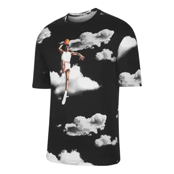 JORDAN Casual Printing Round Neck Pullover Short Sleeve Black T-shirt - Multi-color