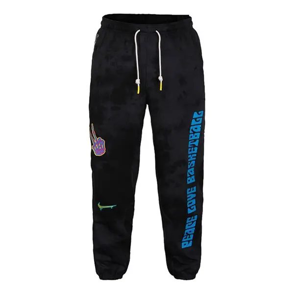 Nike Graffiti Embroidered Basketball Sports Fleece Lined Stay Warm Knit Long Pants - Black