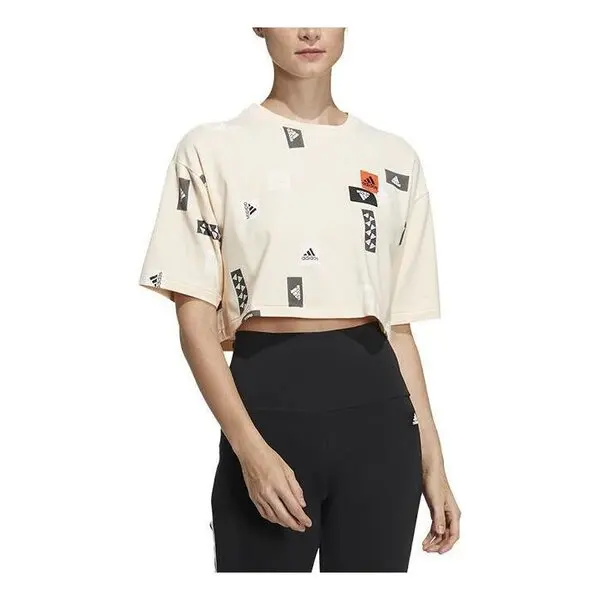 Adidas Logo Short Sleeve Cropped Top - Beige/black/multi-color