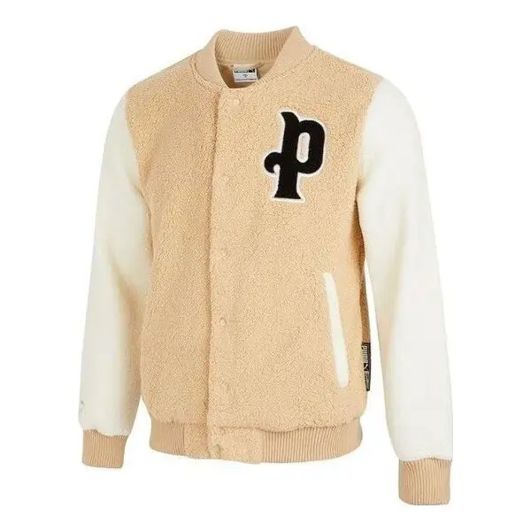 PUMA Logo Sherpa Baseball Jacket - Beige